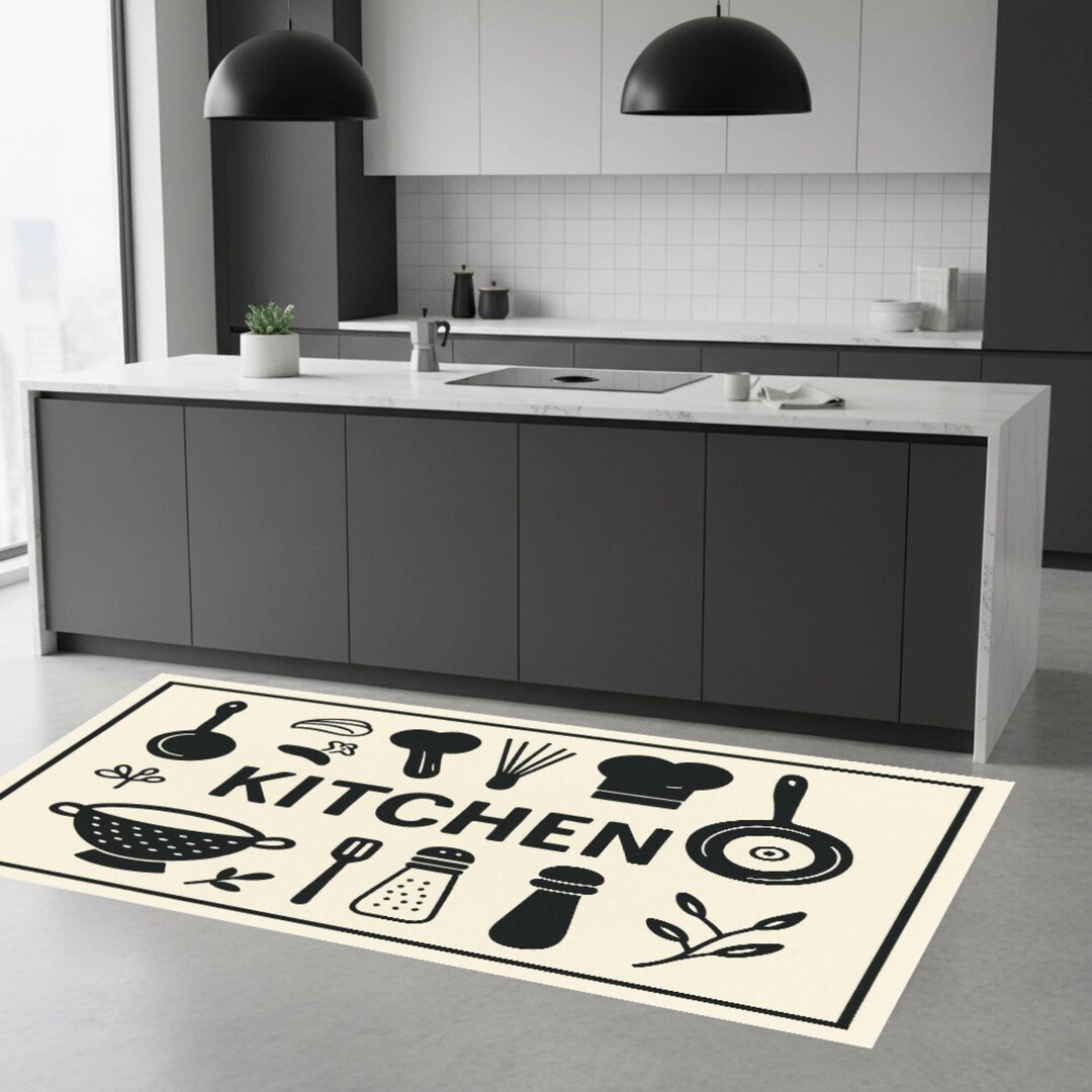 Kitchen Floor Rug, Black and White Kitchen Mat, Modern Cooking Theme ...