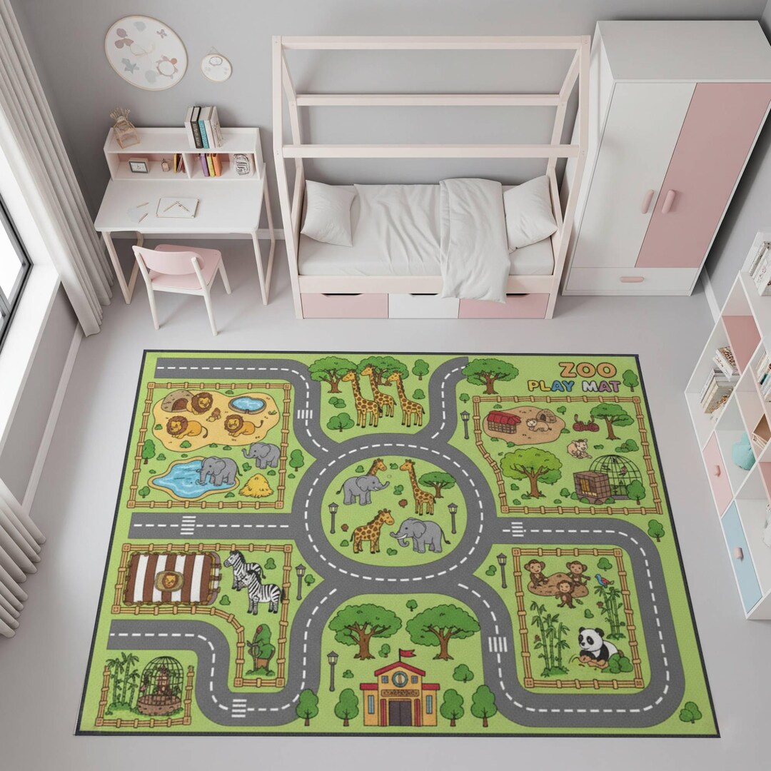 Zoo Animal Play Mat Rug, City Map Play Rug for Kids, Safari Theme Kids ...
