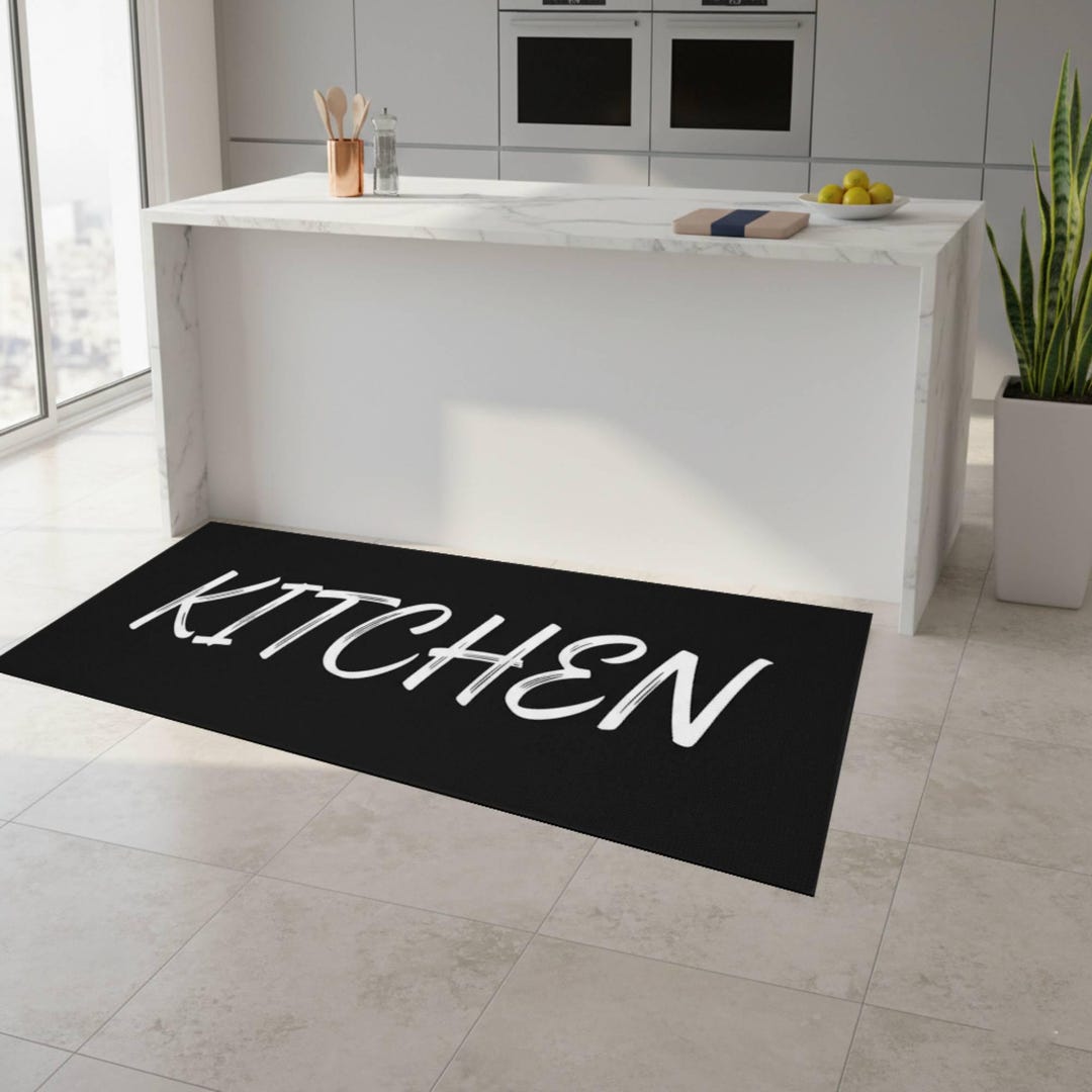 Black Kitchen Floor Rug, Modern Script Mat, Washable Area Carpet ...