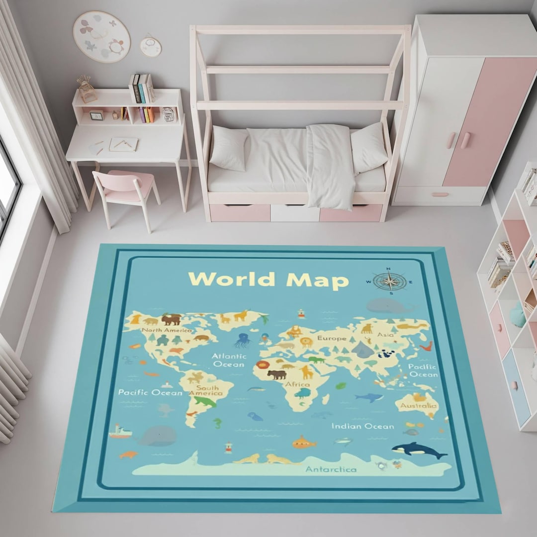 Kids World Map Rug, Educational Geography Carpet, Nursery Playroom ...