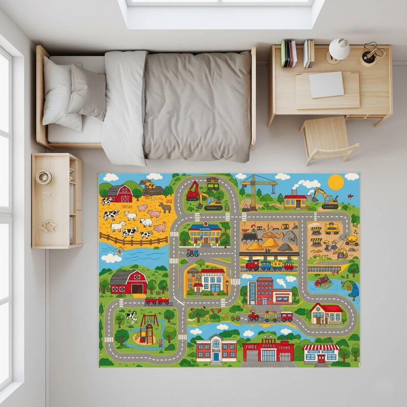City Map Play Rug for Toddlers, Colorful Road Carpet With Buildings and ...