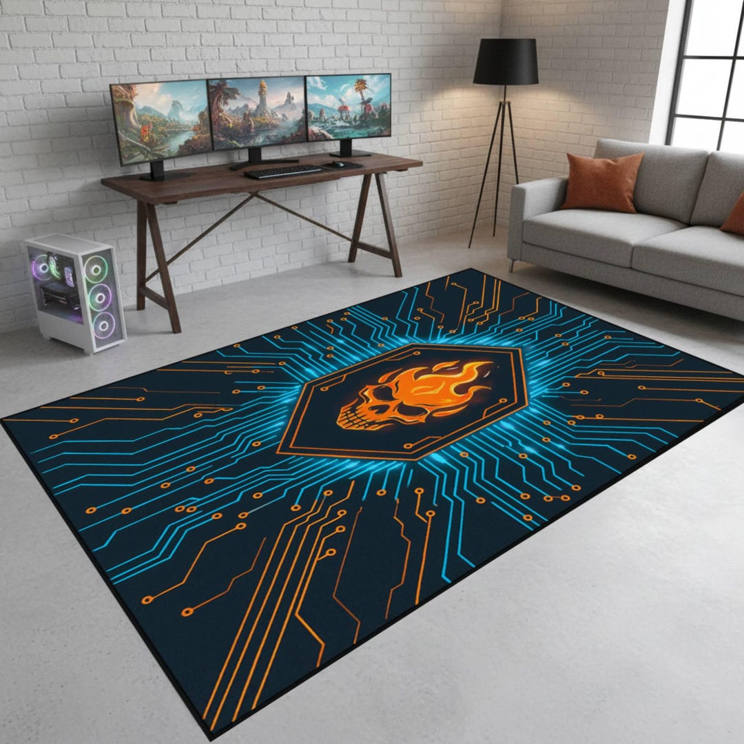 Flaming Skull Circuit Rug, Cyberpunk Gamer Room Carpet, Neon Tech Area ...