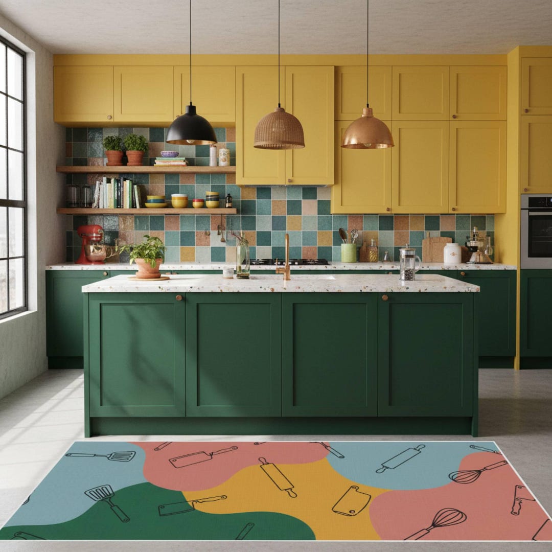 Colorful Kitchen Rug, Cooking Tools Pattern Mat, Washable Non Slip ...