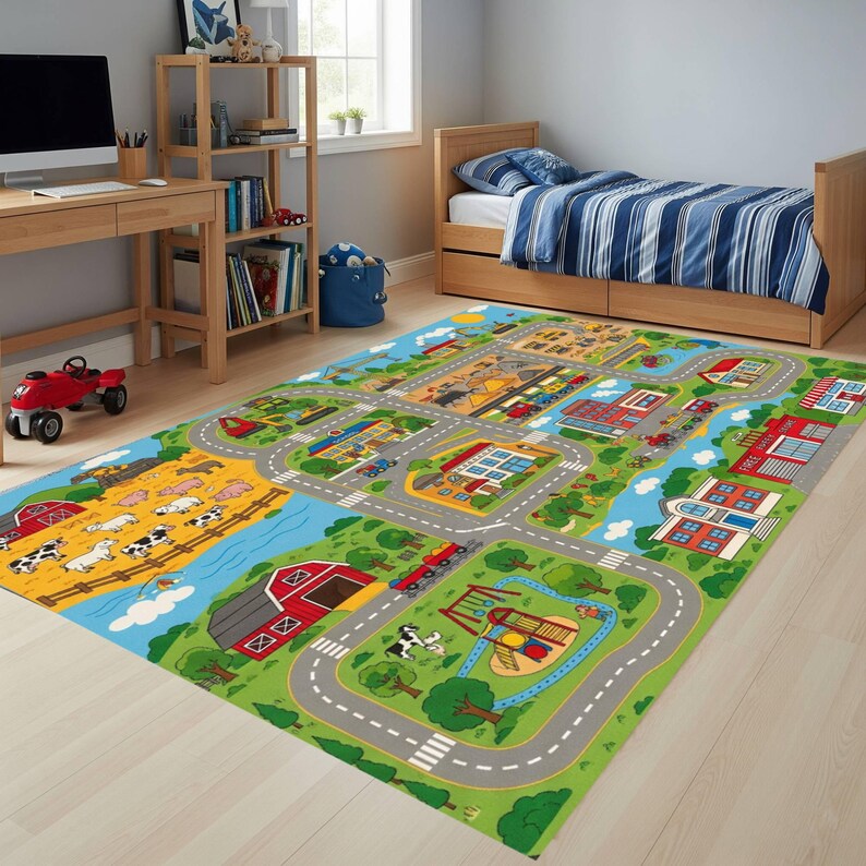 City Map Play Rug for Toddlers, Colorful Road Carpet With Buildings and ...
