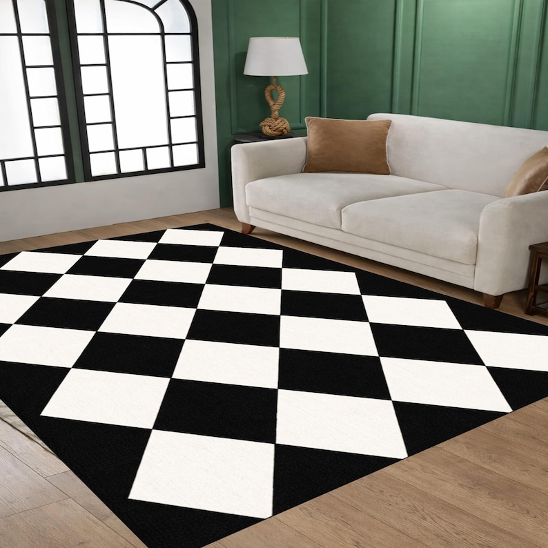 Black White Checkered Area Rug, Minimalist Geometric Carpet, Modern ...