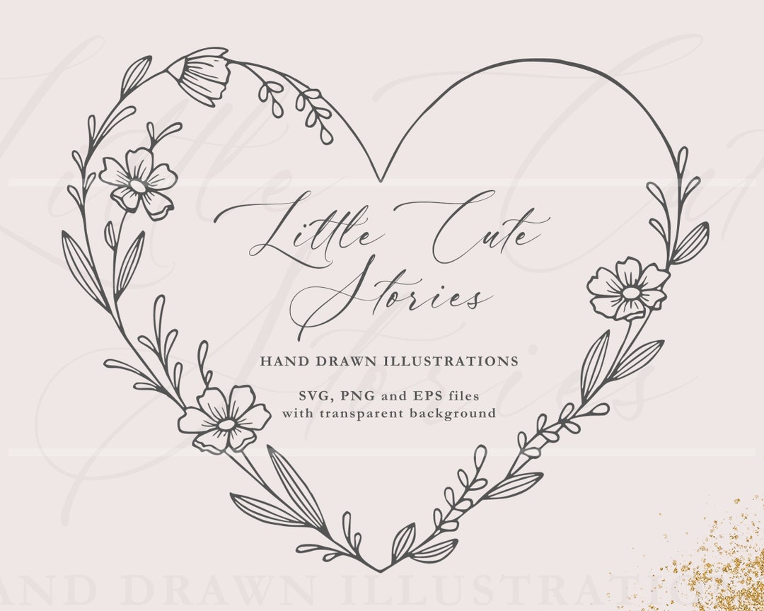 Flowers Heart Wreath | Botanical Hand Drawn Illustrations | Engraving ...