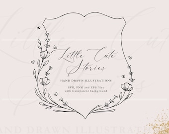 Flowers Shield Sign Botanical Hand Drawn Illustrations Floral Wedding ...