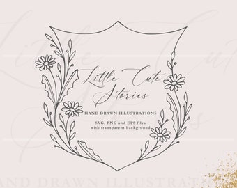 Flowers Shield Sign Botanical Hand Drawn Illustrations Floral Wedding ...