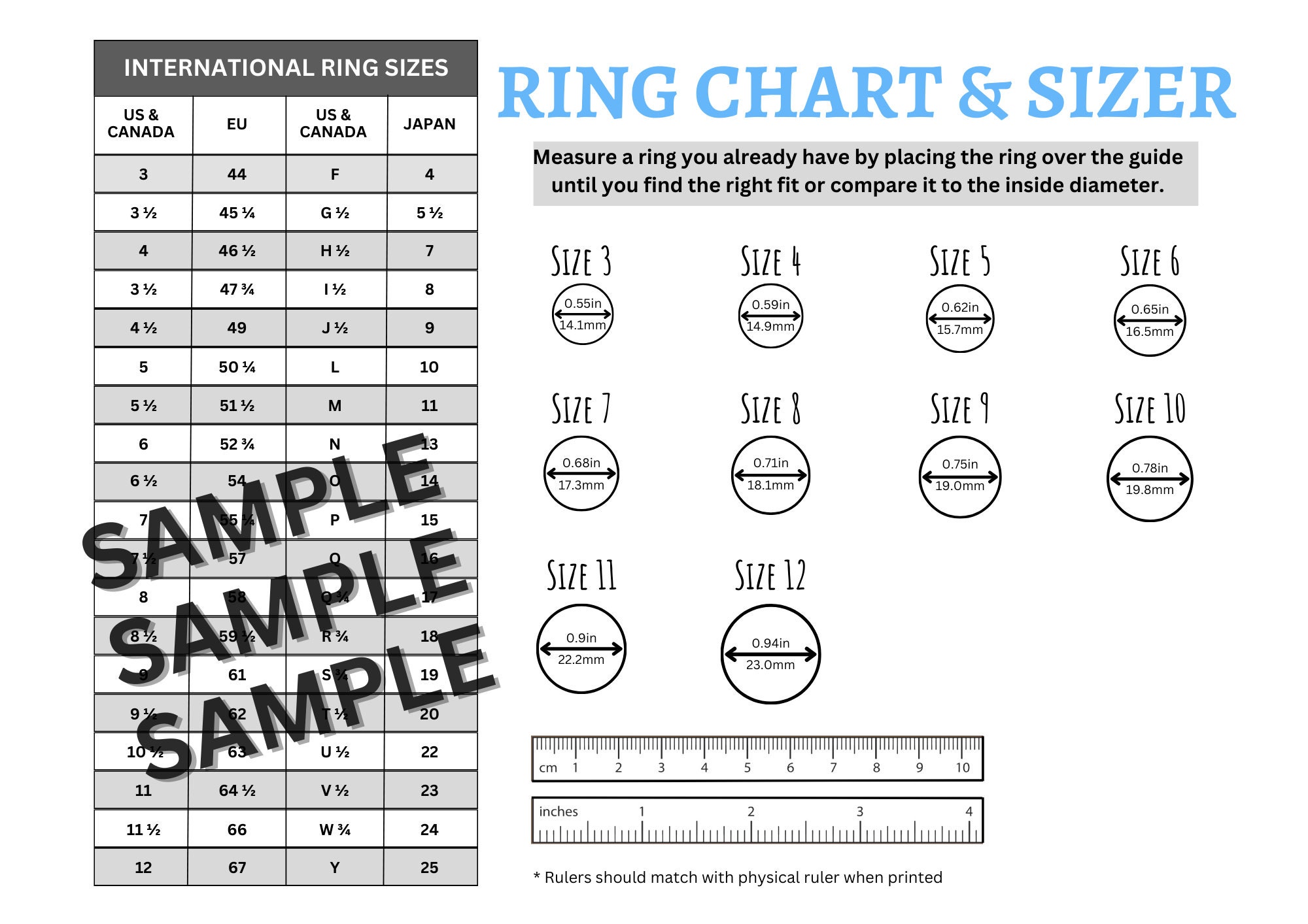 Ring Sizer Chart Downloadable PDF Check Ring Size at Home - Etsy