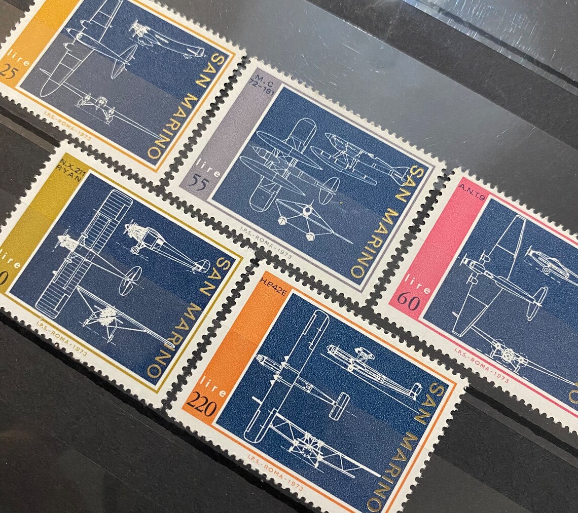 PLOTTING AIRPLANES Scratches, Complete Postage Stamps Series San Marino ...