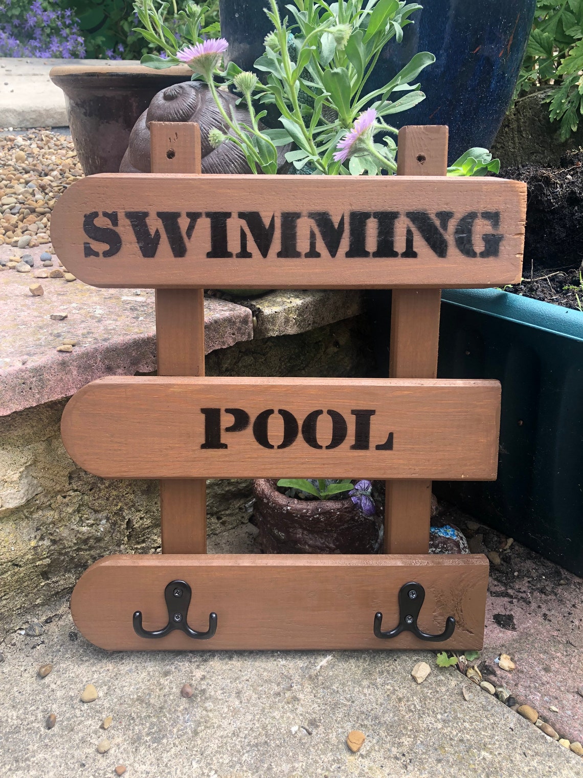 New Wooden Swimming Pool Sign With Hooks for Towels Robe or Clothes ...