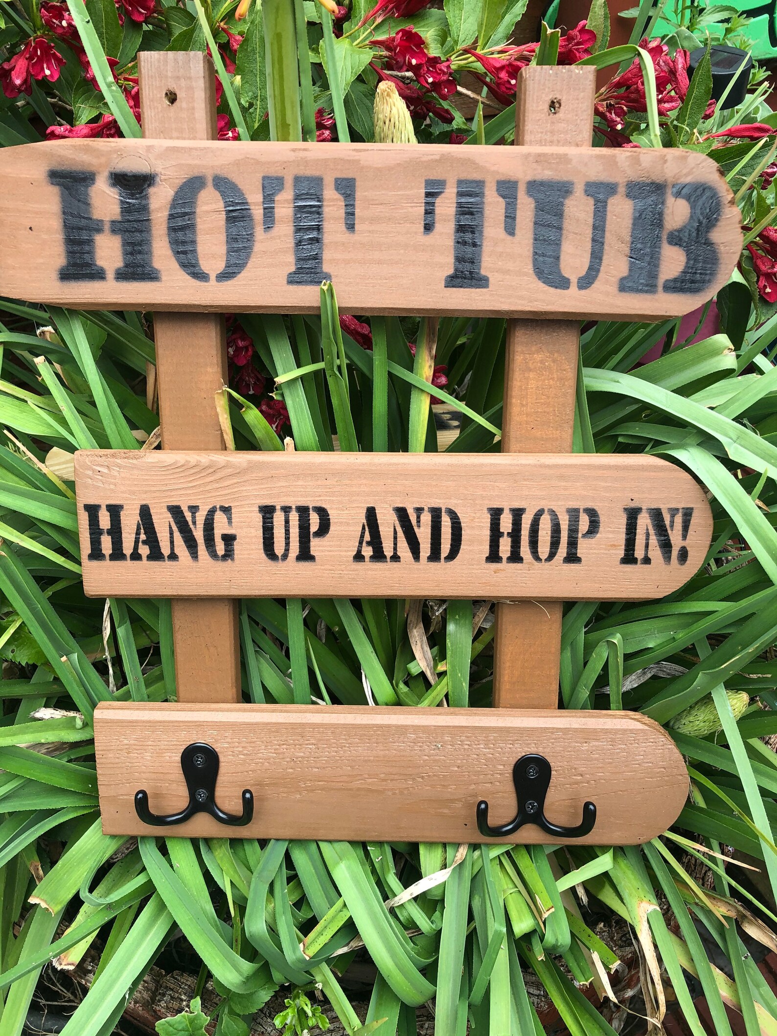 New , Brown Wooden Hot Tub Sign With Hooks for Towels or Robe Etc ...