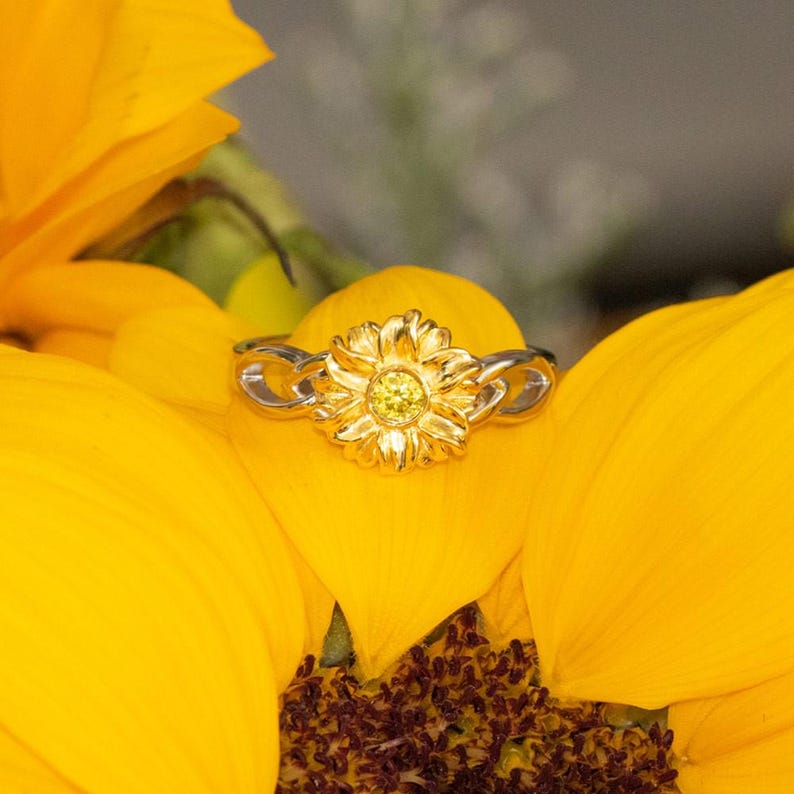 Personalized Sunflower Ring: Sterling Silver, Custom Birthstone Jewelry ...