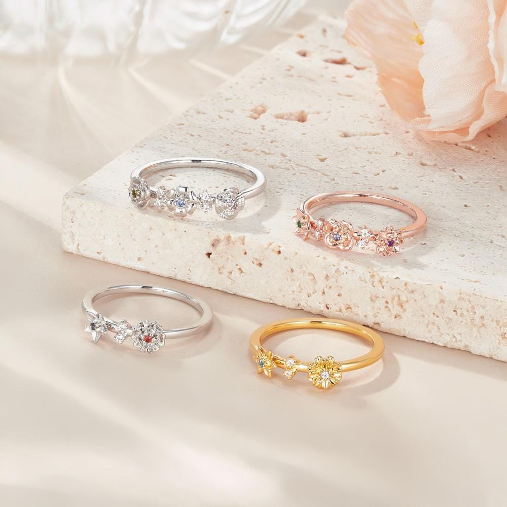 Custom Birth Flower Ring: Sterling Silver Family Birthstone Bouquet - Etsy