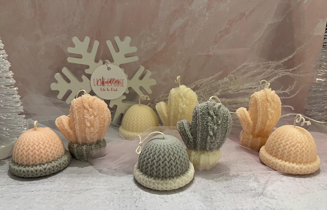 Knitted Mitten & Hat Set, Yarn Candles, Knitted Candles, Winter Candles ...
