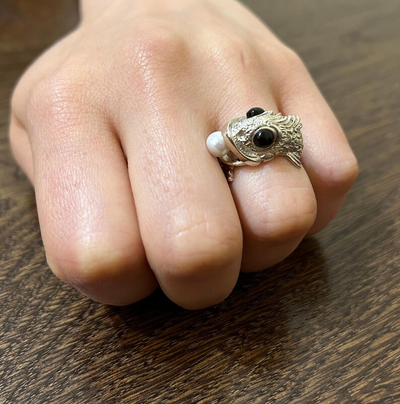 Bass Fish Spoon Silver Ring, Nature Fish Ring, Onyx & Pearl Spoon Fish ...