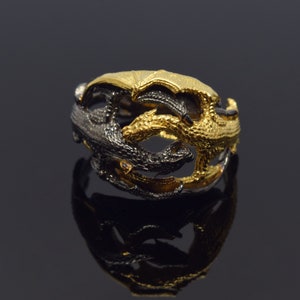 Double Fighting Dragon Ring, Gold and Rhodium Plated Sterling Silver ...