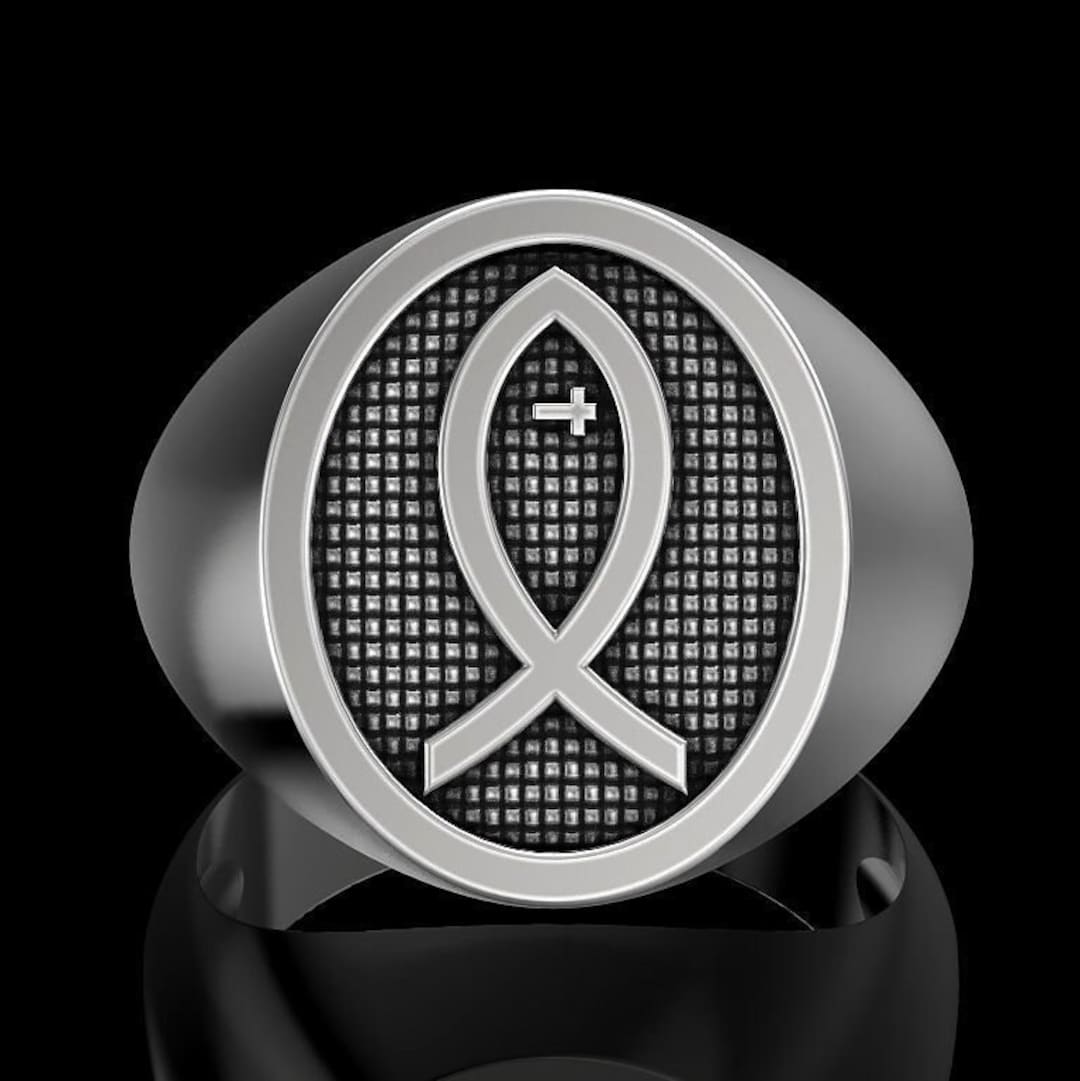 Ichthys Symbol Signet Ring, Elegant Silver Signet Christian Fish Emblem ...