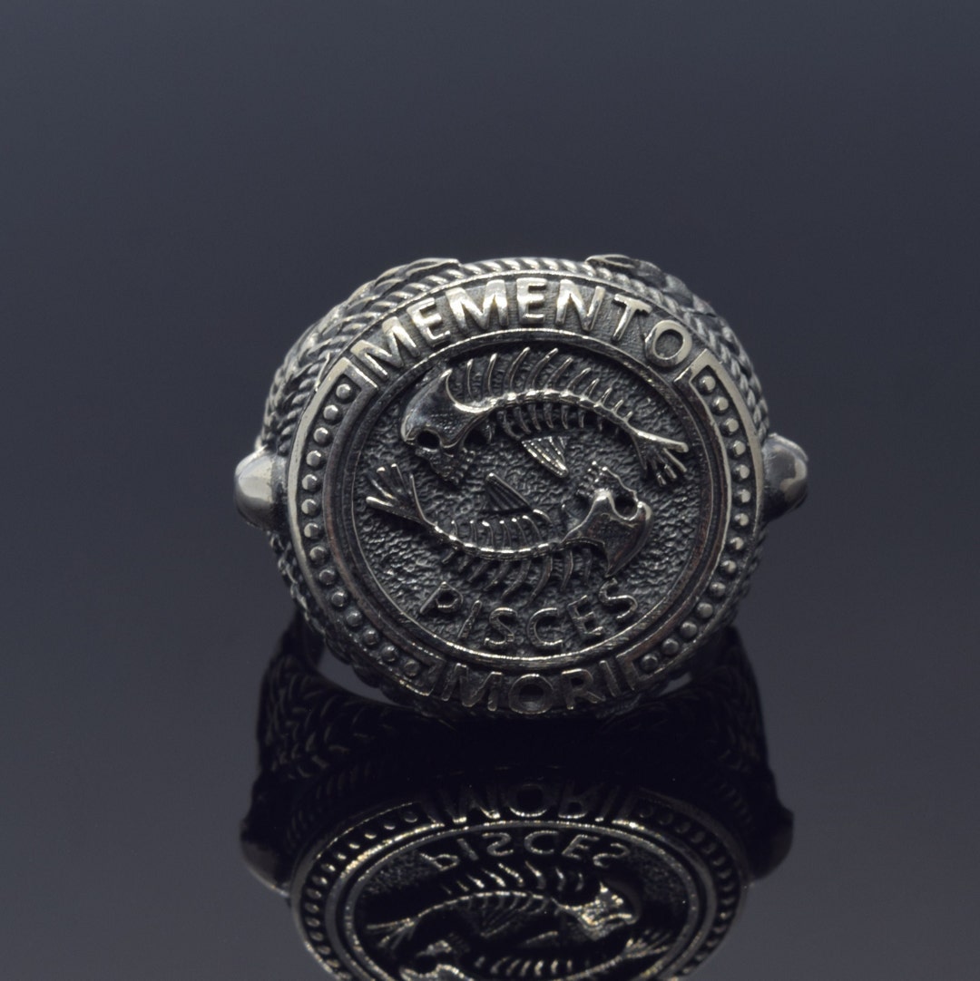 Pisces Skull Zodiac Sign Ring, Memento Mori Signet Silver Ring - Etsy