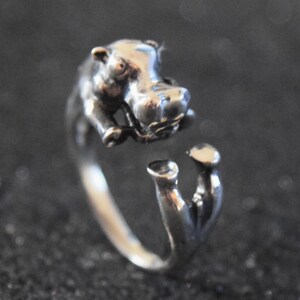 Hippo Silver Pinky Ring, Adjustable Animal Ring, Dainty Hippopotamus ...