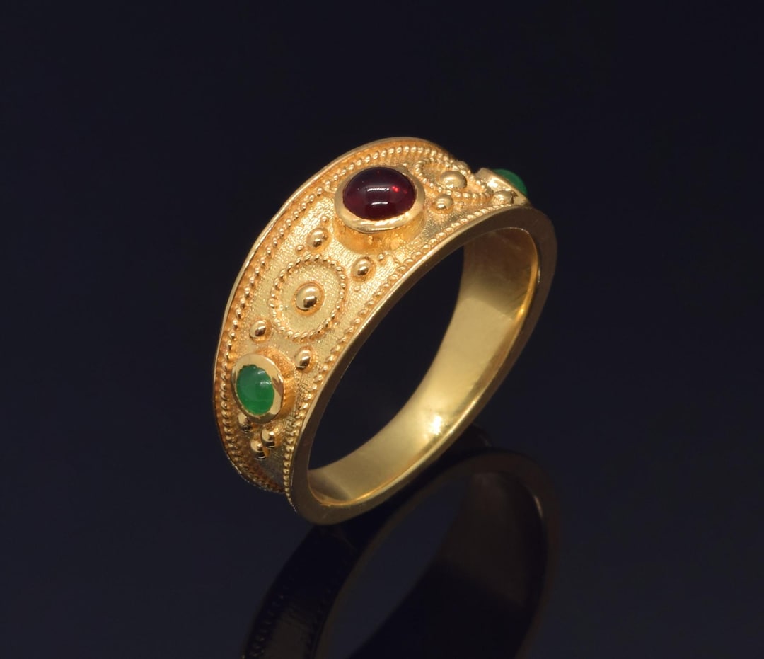Ancient Greek Silver Ring, Etruscan Garnet&emerald Jewelry - Etsy