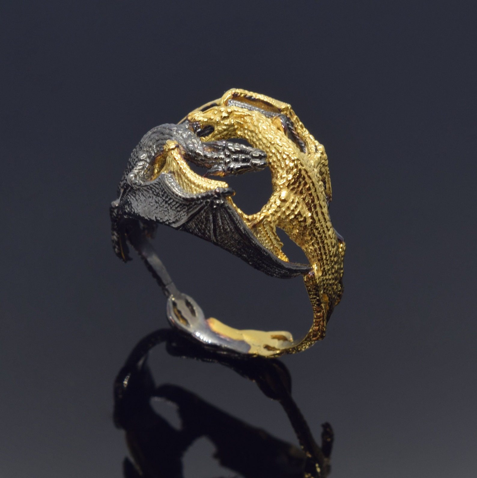 Double Fighting Dragon Ring, Gold and Rhodium Plated Sterling Silver ...