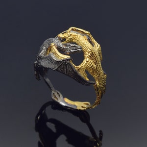 Double Fighting Dragon Ring, Gold and Rhodium Plated Sterling Silver ...