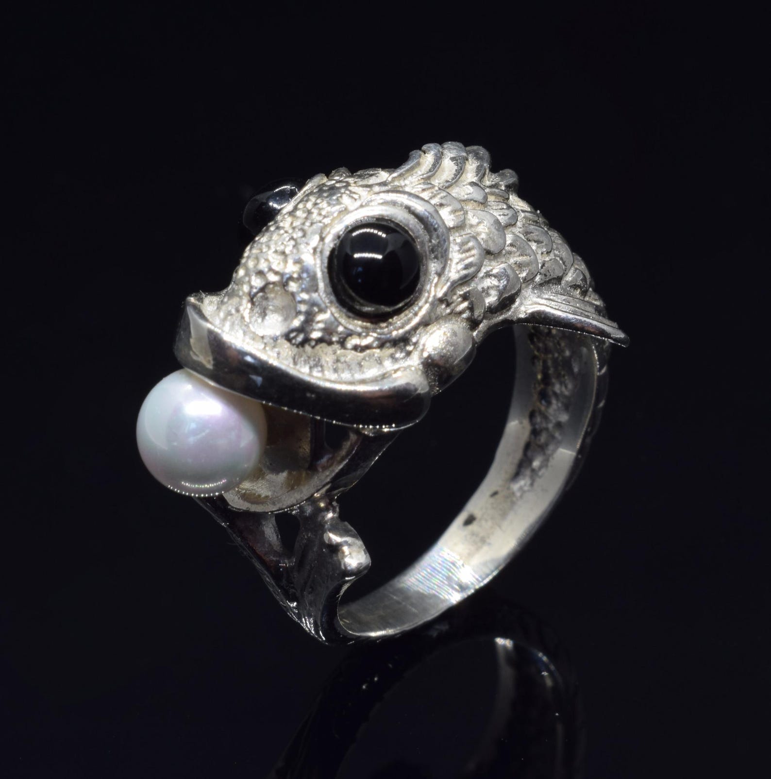 Bass Fish Spoon Ring With Onyx & Pearl, Chunky Ring, Ocean-inspired ...