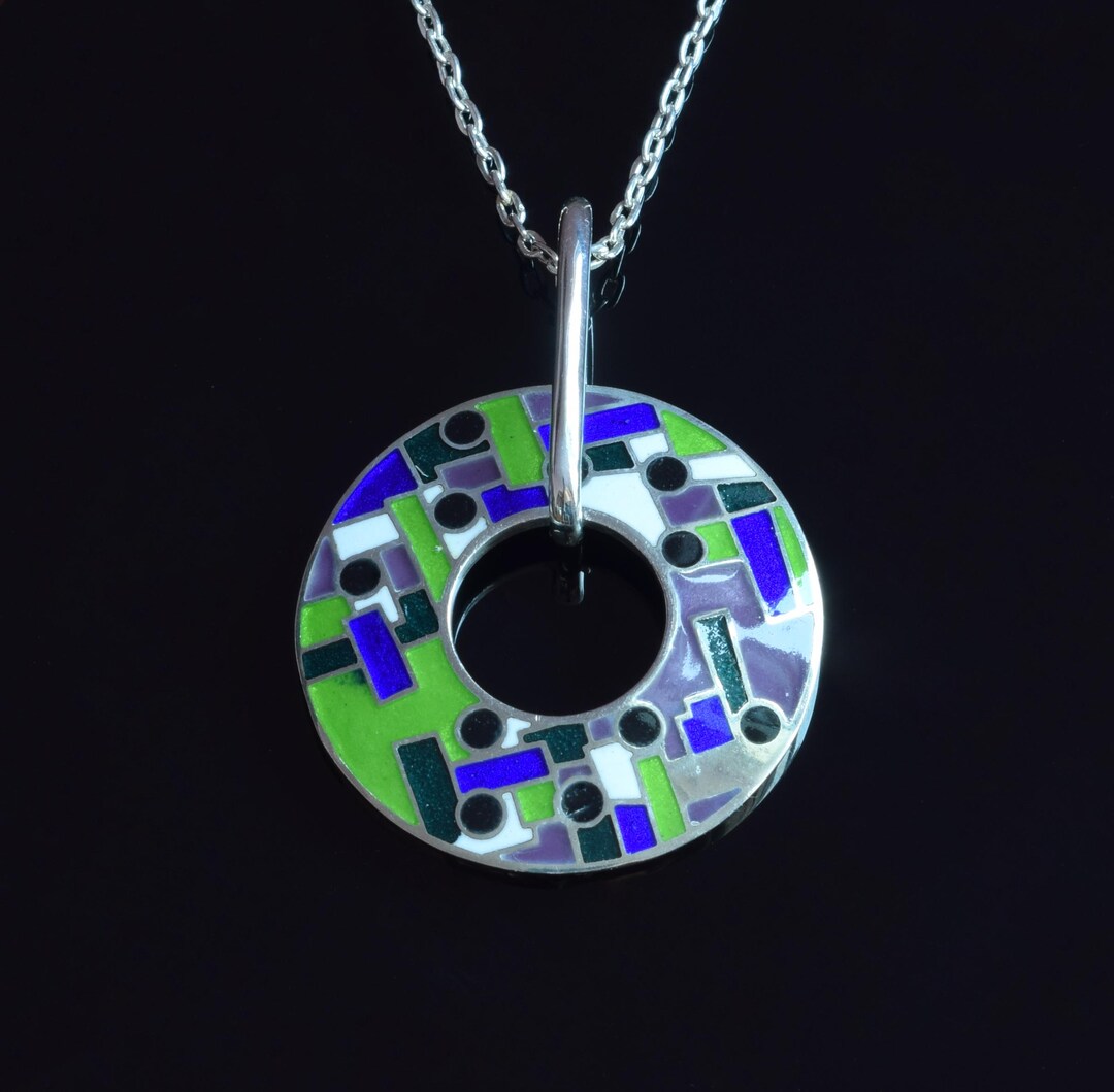 Handmade Round Silver Pendant With Multicolour Champleve Enamel ...