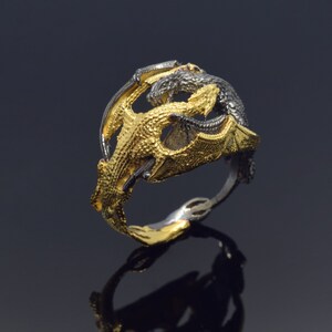 Double Fighting Dragon Ring, Gold and Rhodium Plated Sterling Silver ...