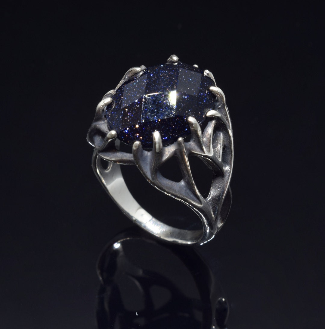 Galaxy Blue Sandstone Nebula Ring, Goldstone Silver Ring, Anniversary ...
