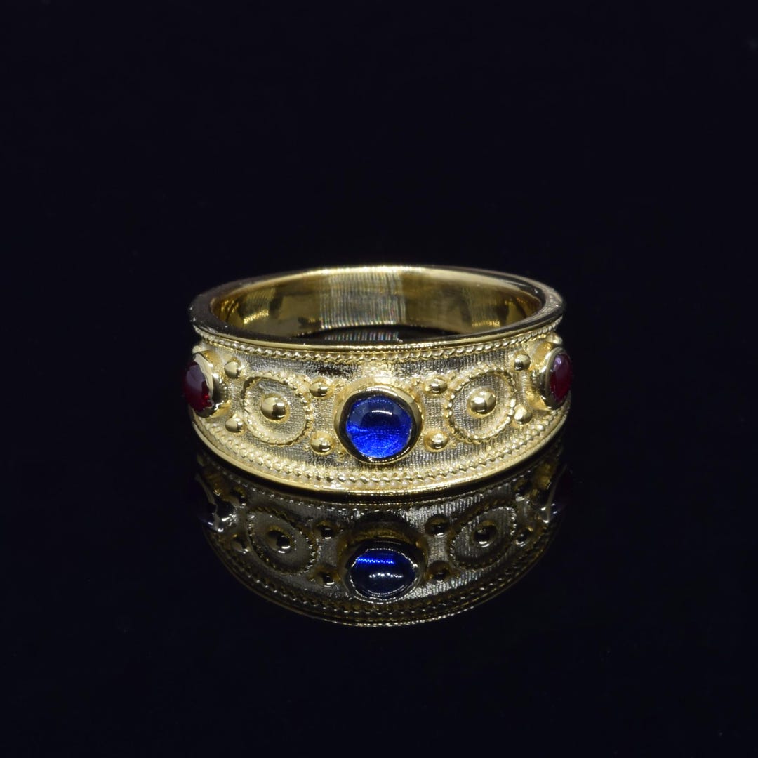 Medieval Garnet & Sapphire Greek Silver Ring, Etruscan Byzantine ...