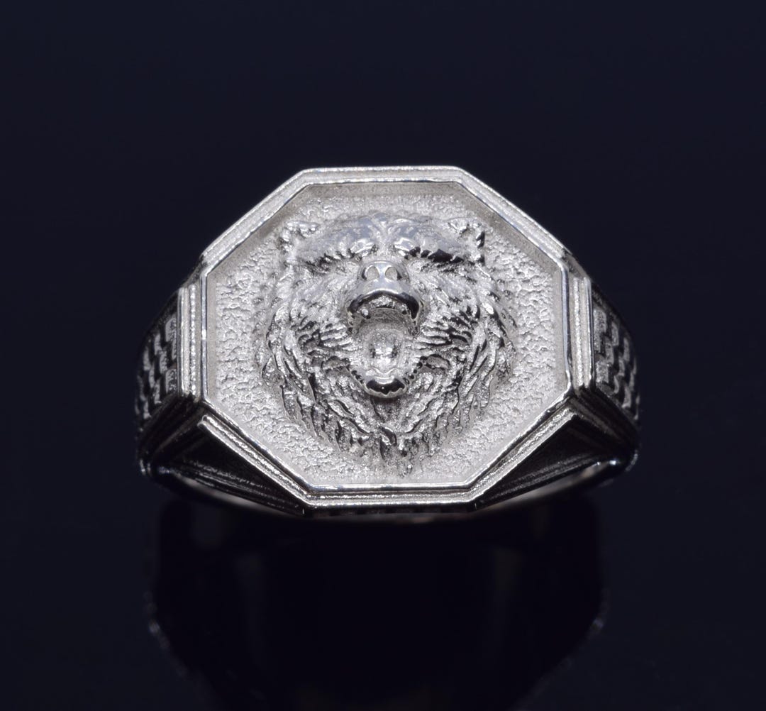 Silver Bear Head Pinky Ring, Mens Bear Signet Ring, Bear Signet Ring ...