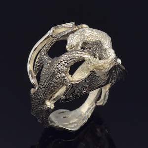Double Fighting Dragon Silver Ring, Gold & Rhodium Plated Dragon Ring, Large Dragons Ring ...