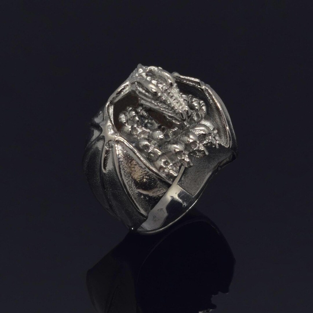 Handcrafted Dragon Guarding Skulls Goth Silver Ring - Unique Jewelry ...