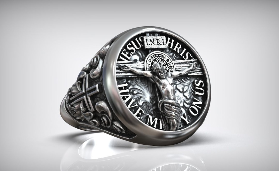 Silver Crucifix Men Signet Ring, Religious Jesus Ring for Men, Jesus ...