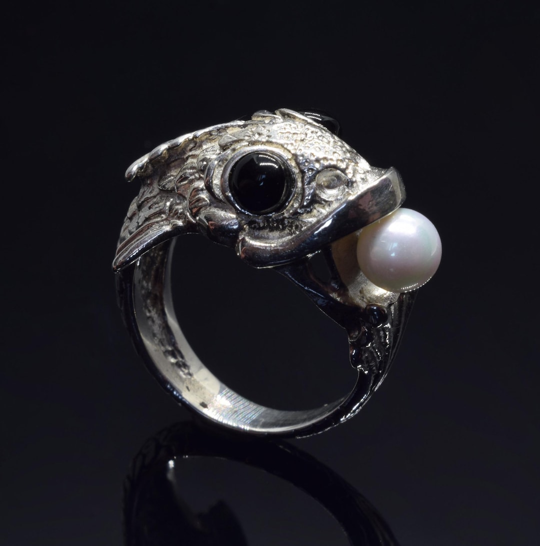 Bass Fish Spoon Silver Ring, Nature Fish Ring, Onyx & Pearl Spoon Fish ...