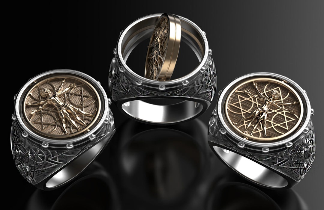 Vitruvian Man Spinner Coin Gothic Silver Signet Ring,two Tone Gothic Da ...