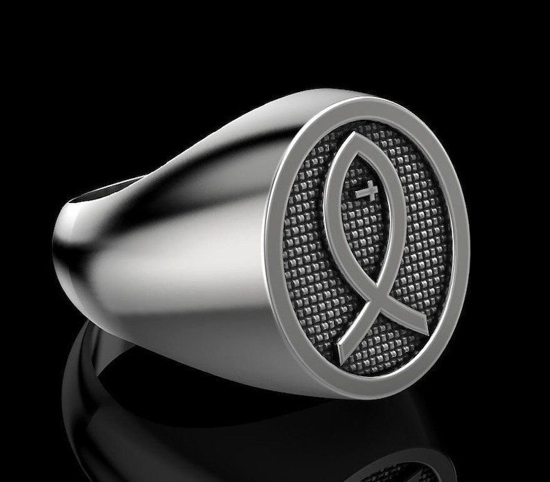 Ichthys Symbol Signet Ring, Elegant Silver Signet Christian Fish Emblem ...