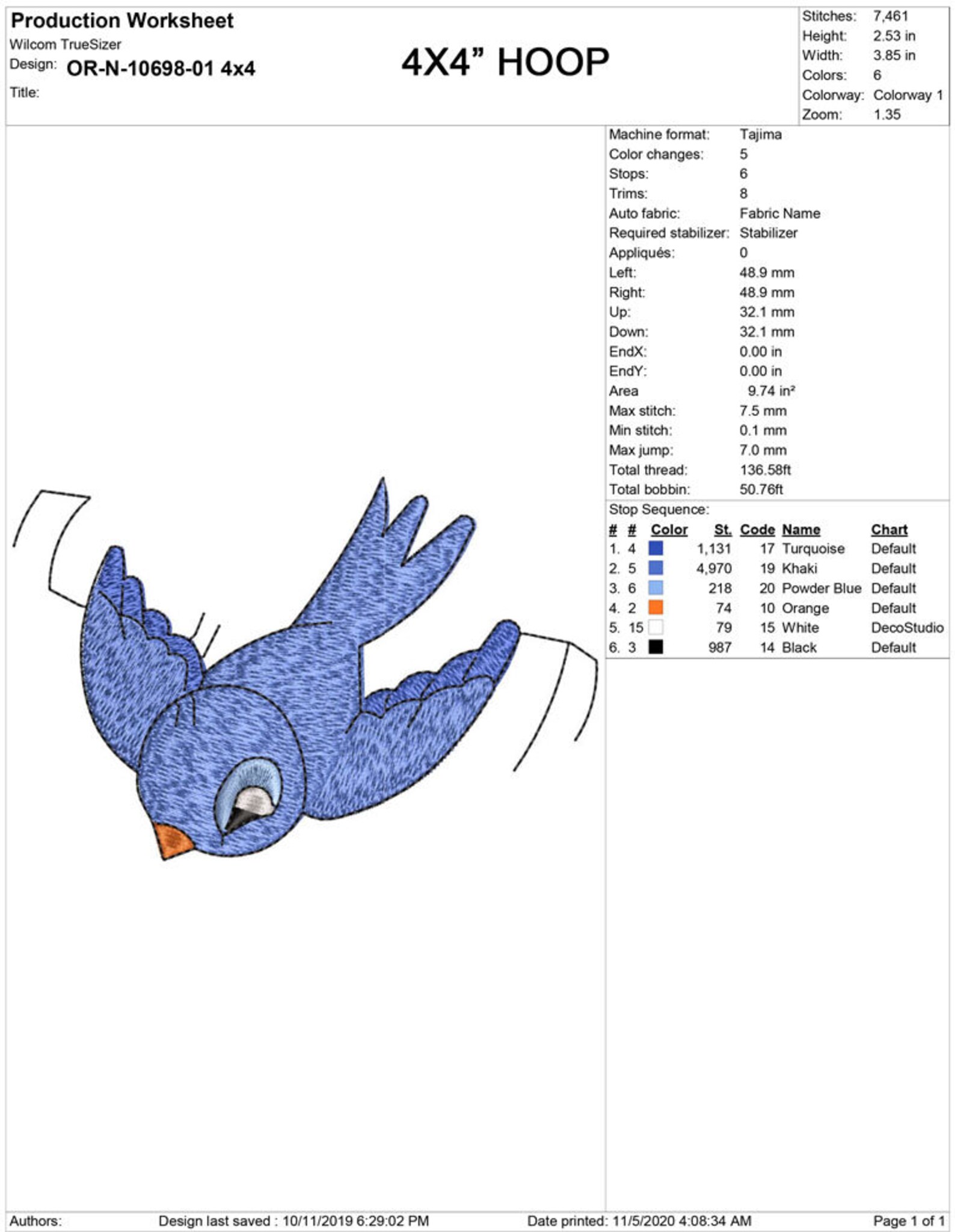 Bambi Movie Blue Bird Embroidery Design, Flying Blue Bird Embroidery ...