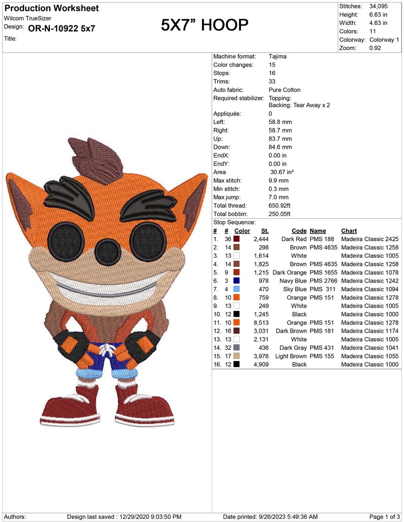 Crash Bandicoot Machine Embroidery Design | 5x7 Hoop Embroidery Design ...
