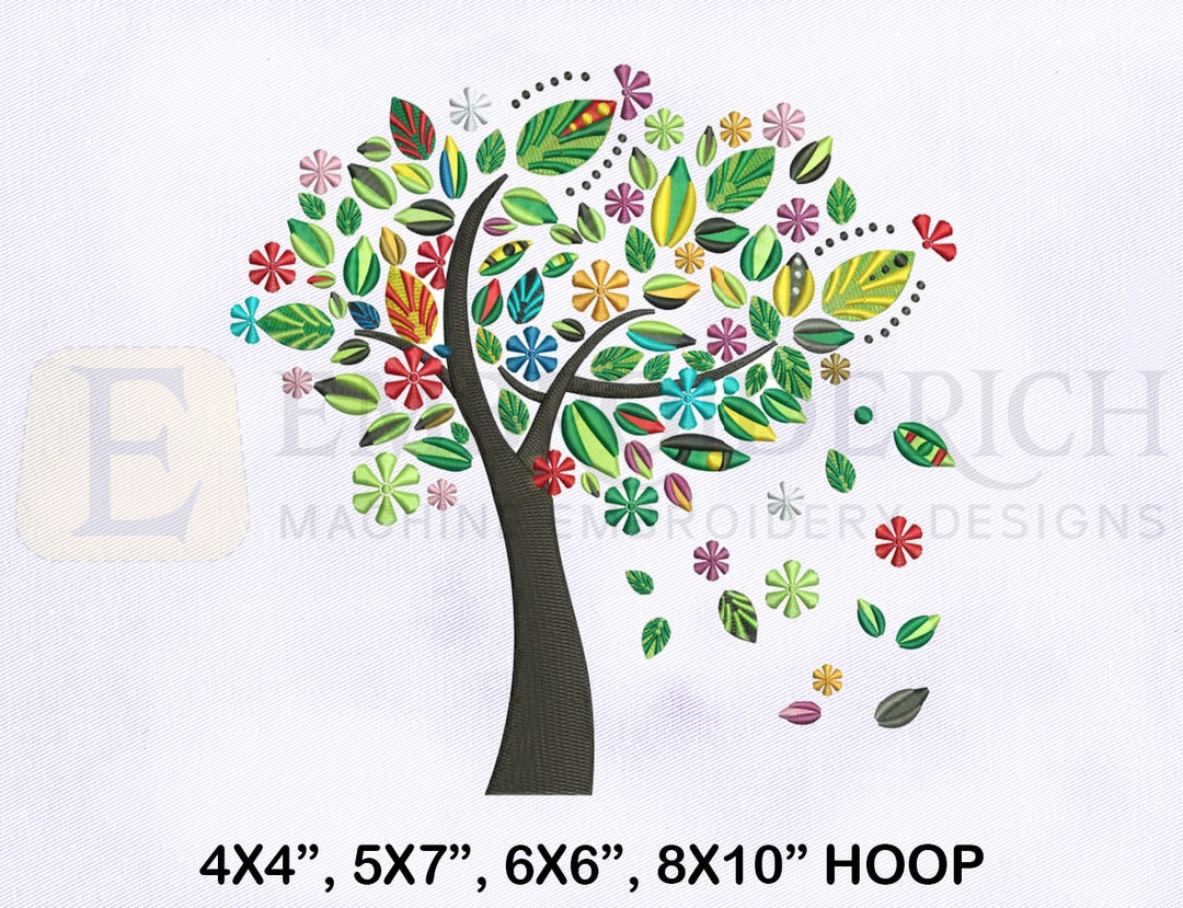 Colorful Spring Tree Machine Embroidery Design, Tree Embroidery Designs ...