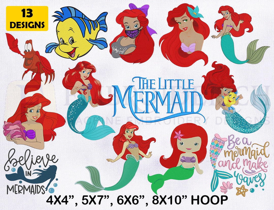 The Little Mermaid Embroidery Designs Bundle, 4 Sizes EMB Designs ...