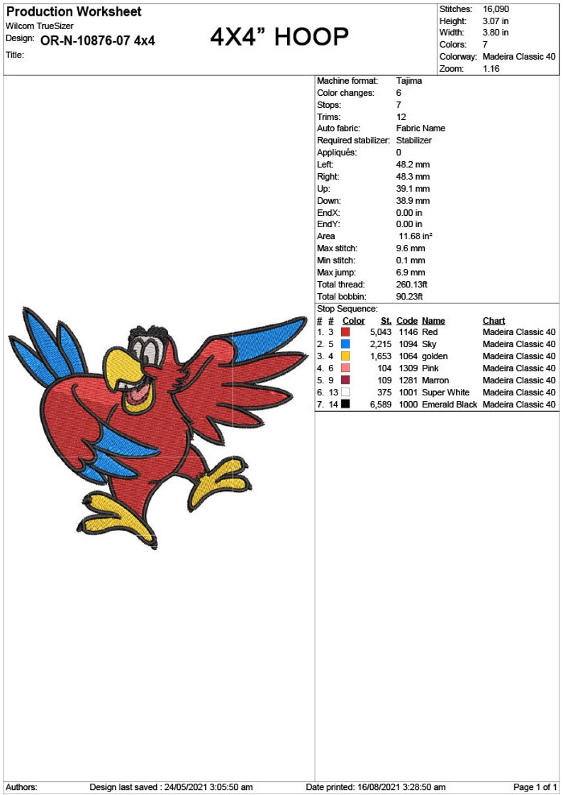 Aladdin Lago Parrot Machine Embroidery Design, Aladdin Embroidery ...