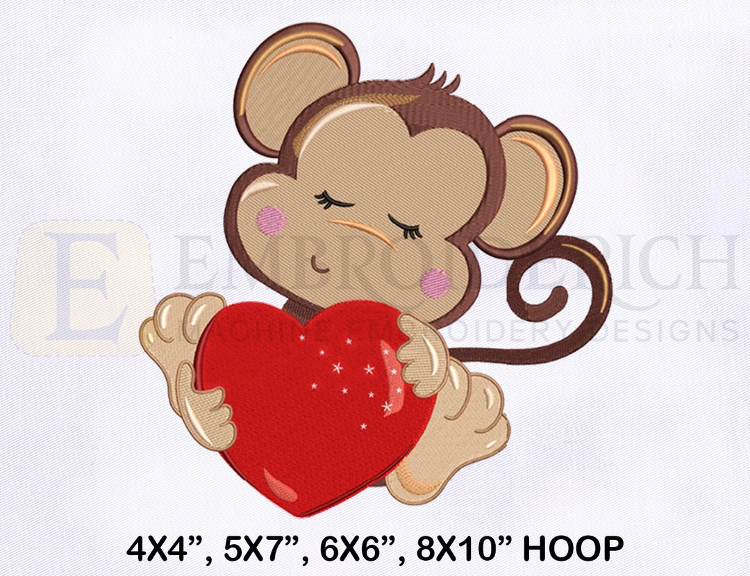 Baby Monkey Holding Heart Embroidery Design | 4 Sizes Embroidery Design ...