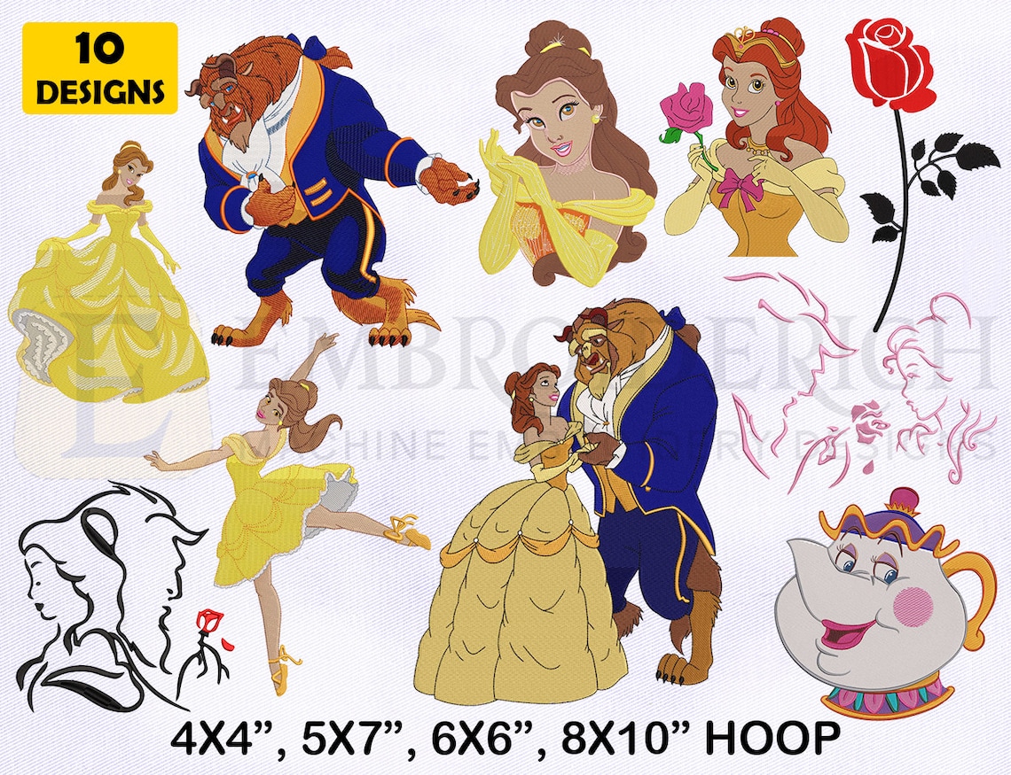 Beauty and the Beast Embroidery Designs Bundle, 4 Sizes EMB Designs ...