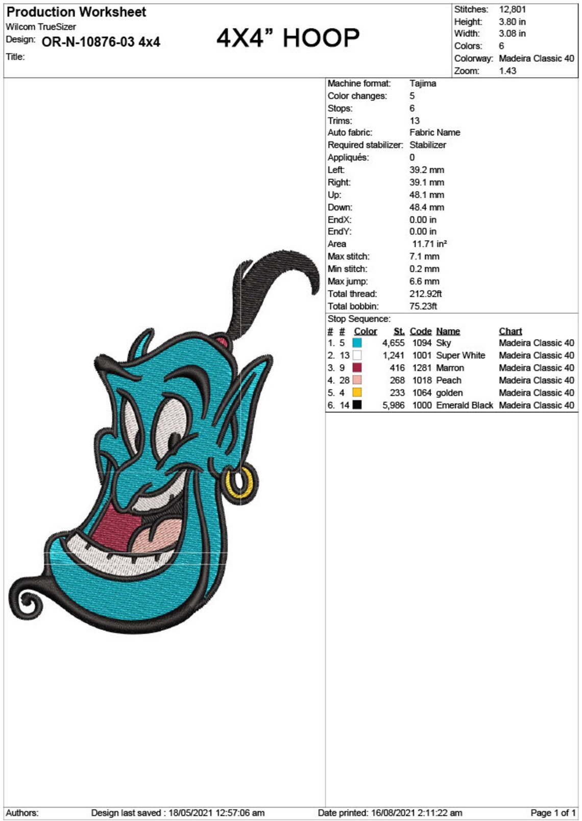 Aladdin Genie Face Machine Embroidery Design, Genie Face Embroidery ...