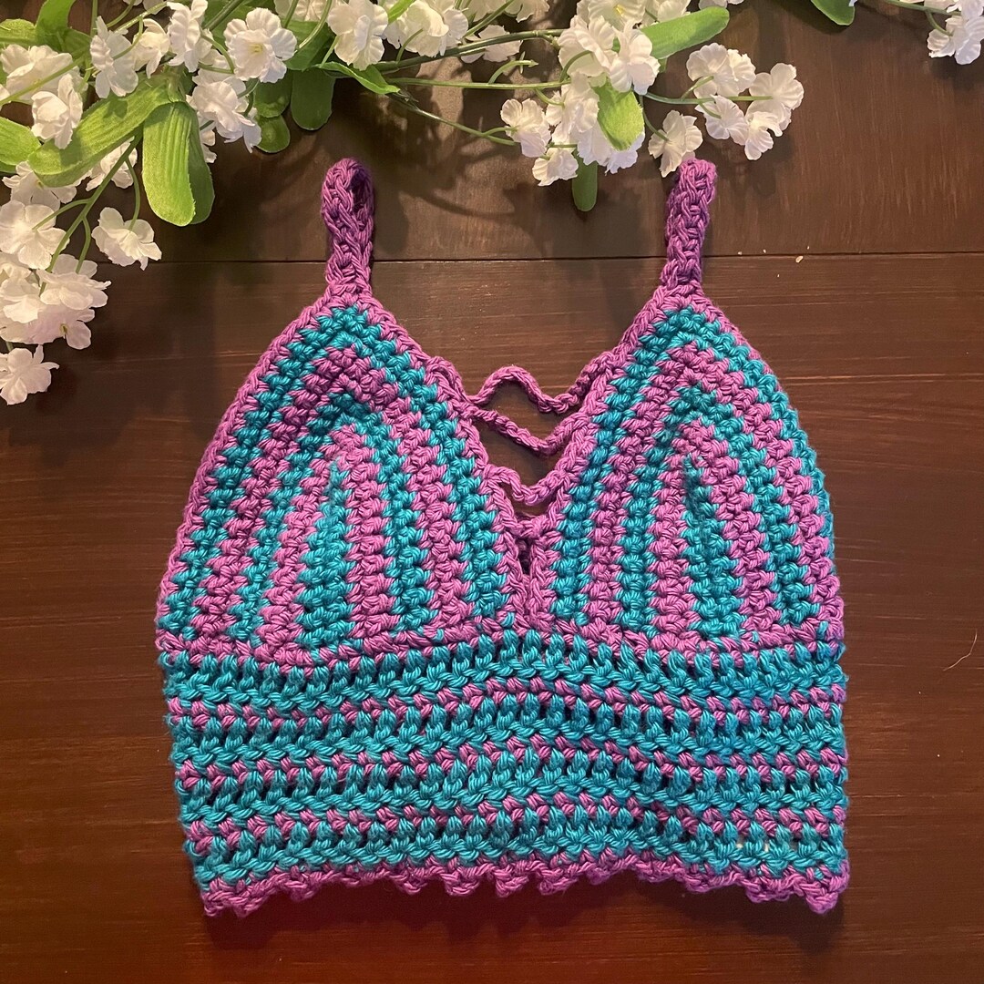 Striped Teal Blue and Dark Purple Size XS Top Brallette Bralet Crochet ...