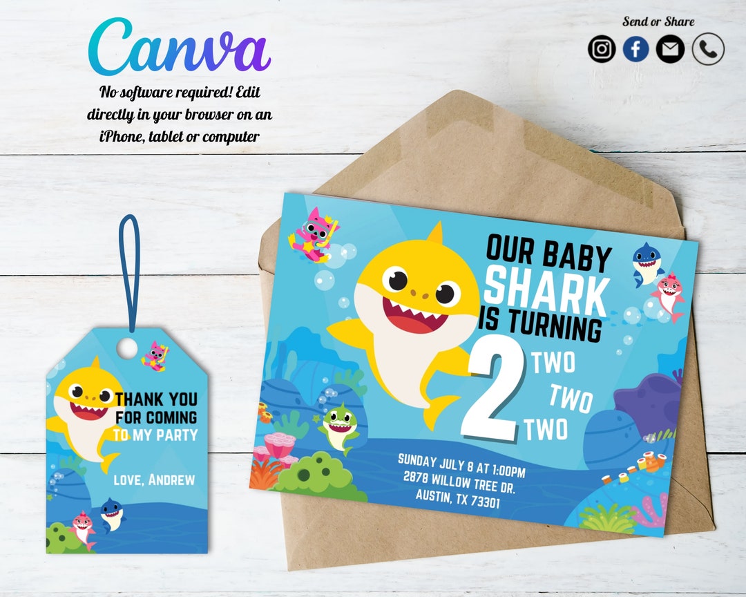 Baby Shark Birthday Party Invitation, Free Thank You Tag, Boy and Girl ...