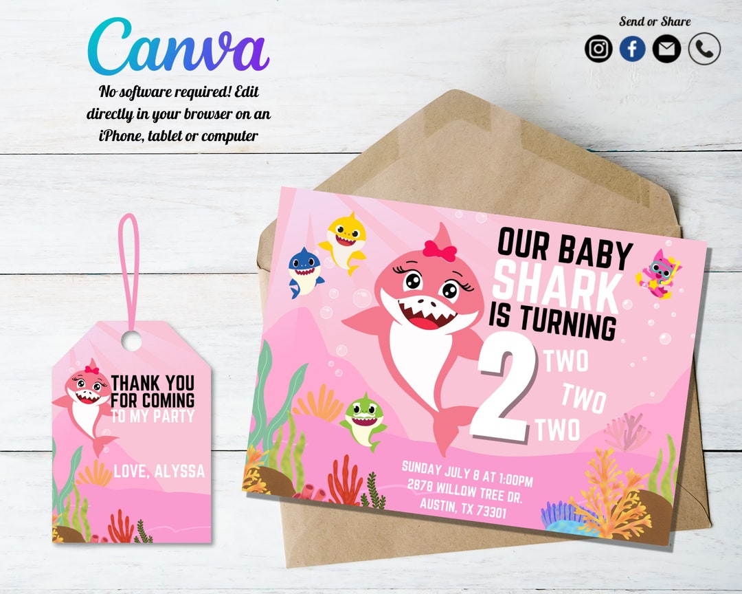 Baby Shark Birthday Party Invitation, Free Thank You Tag, Pink Baby ...